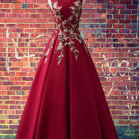 Charming Wine Red Satin Party Dress With Lace Applique, Dark Red Prom ...