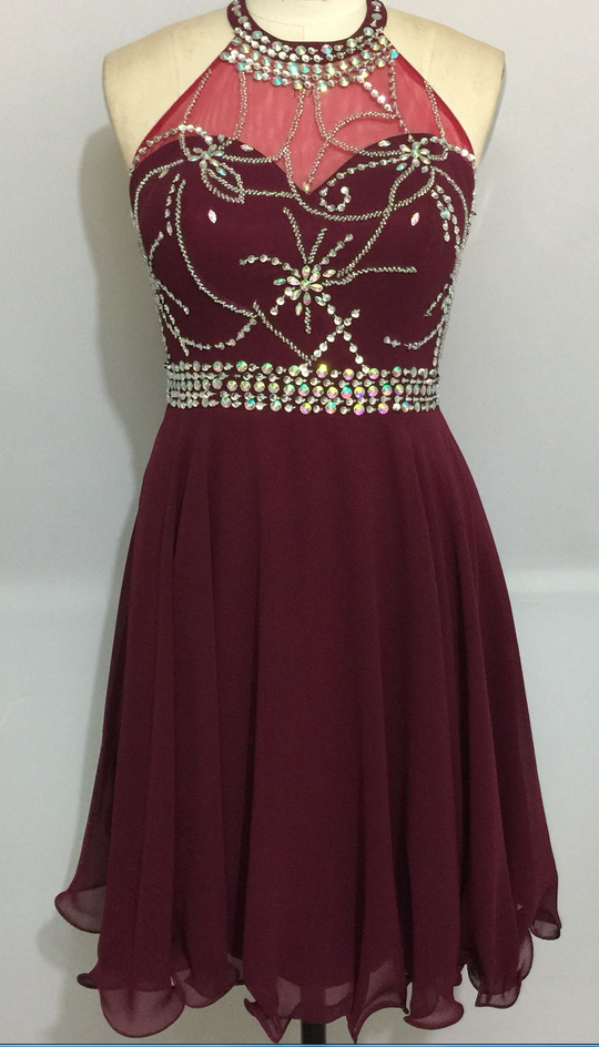 Lovely Maroon Halter Short Homecoming Dresses, Short Party Dresses ...