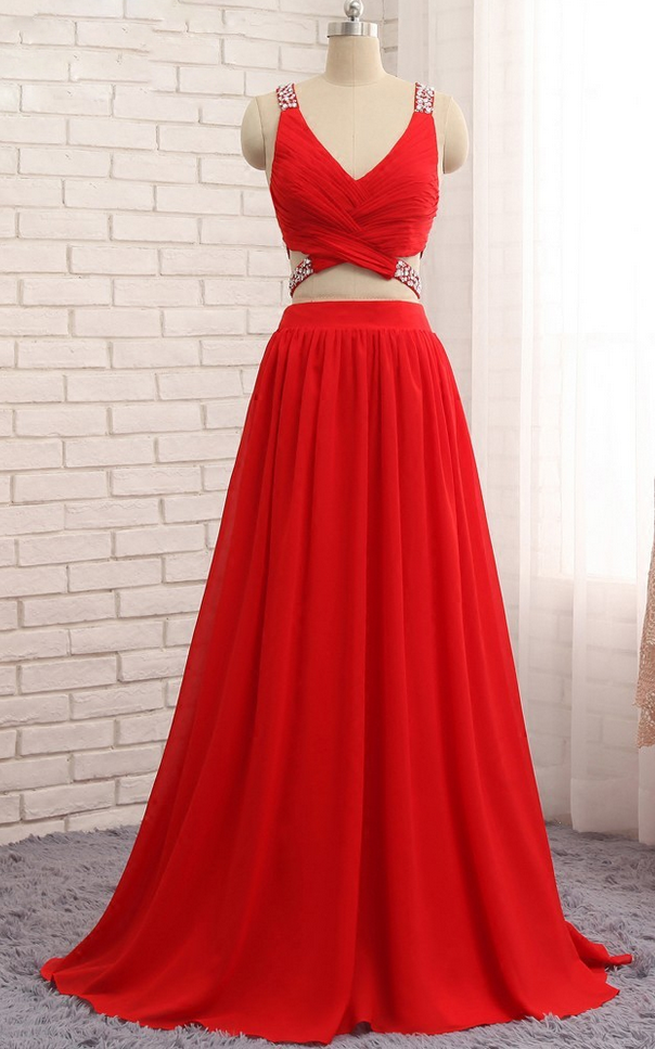 Sexy Two Pieces Chiffon Beads Red Dresses,v Neck A Line Sleeveless Long ...