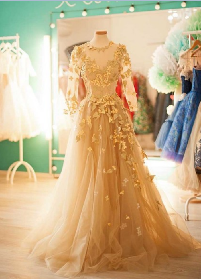 Long Sleeve Gold Long Prom Dress,long Prom Dresses,charming Prom ...