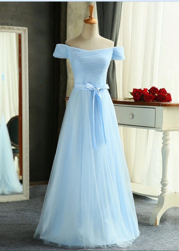 Blue A Line Off The Shoulder Sleeveless Floor Length Tulle Prom Dresses