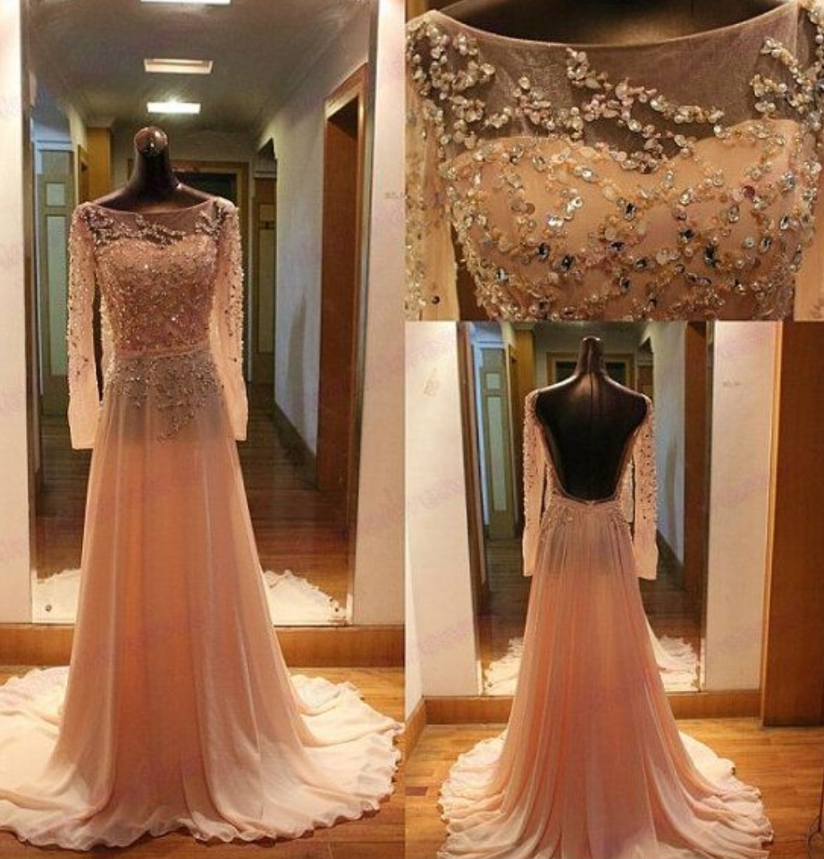 Pretty Light Pink Long Sleeve Prom Dress Handmade Beaded ,ackless Long ...