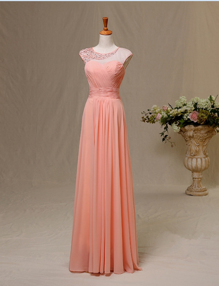 Handmade Coral Chiffon Round Neckline A Line Floor Length Prom Dresses ...