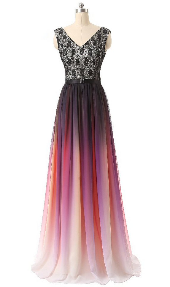 Elegant Long Evening Dress Floor-length V-neck Chiffon With Sashes ...