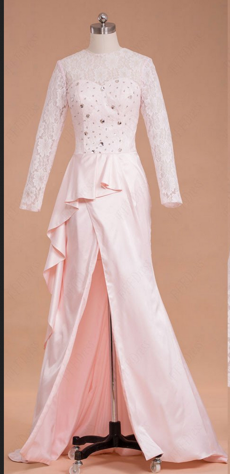 Modest Pink Prom Dresses With Long Sleeves Slit on Luulla
