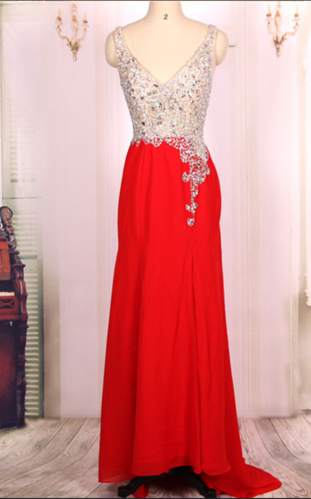 V Neck Heavy Beaded Red Open Back Long Prom Dresses Ball Gowns , Formal ...
