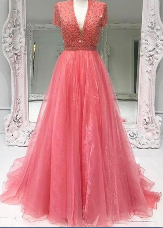 Coral A-line Prom Dress, Sexy Prom Dresses, Tulle Evening Dress, Deep V ...