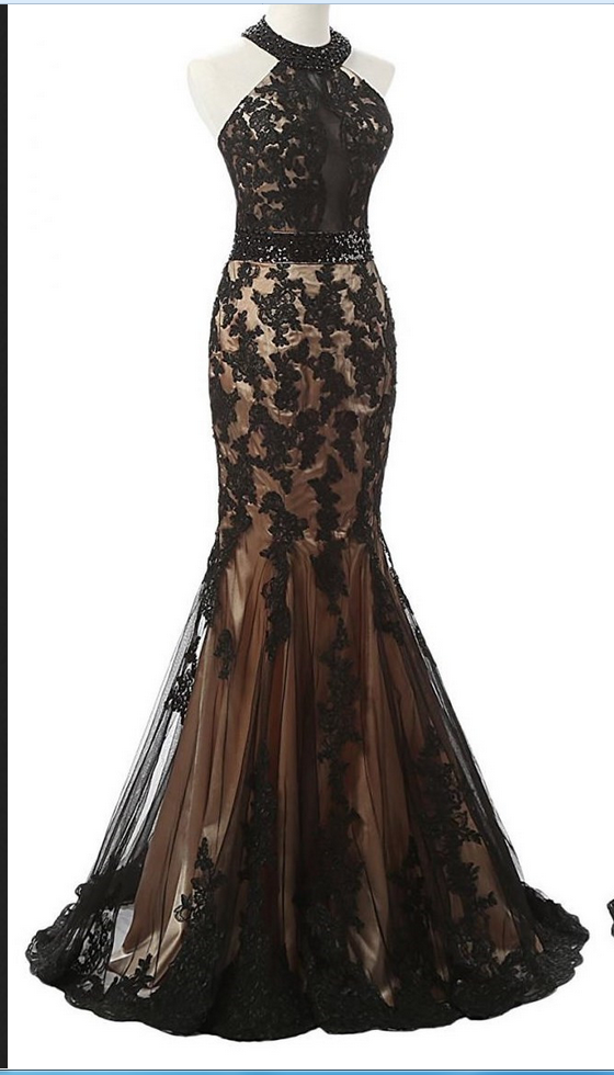 Women's Beaded Halter Neckline Open Back Mermaid Prom Dress Floor ...