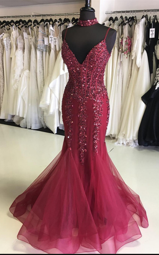 Burgundy Prom Dress,mermaid Evening Gowns,prom Dresses ,beaded Prom ...