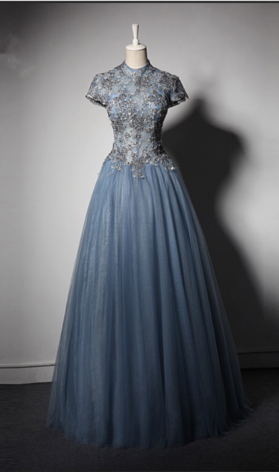 A - Ligne Unusually Long Blue Gray Appliques Evening Dress Formal Party ...