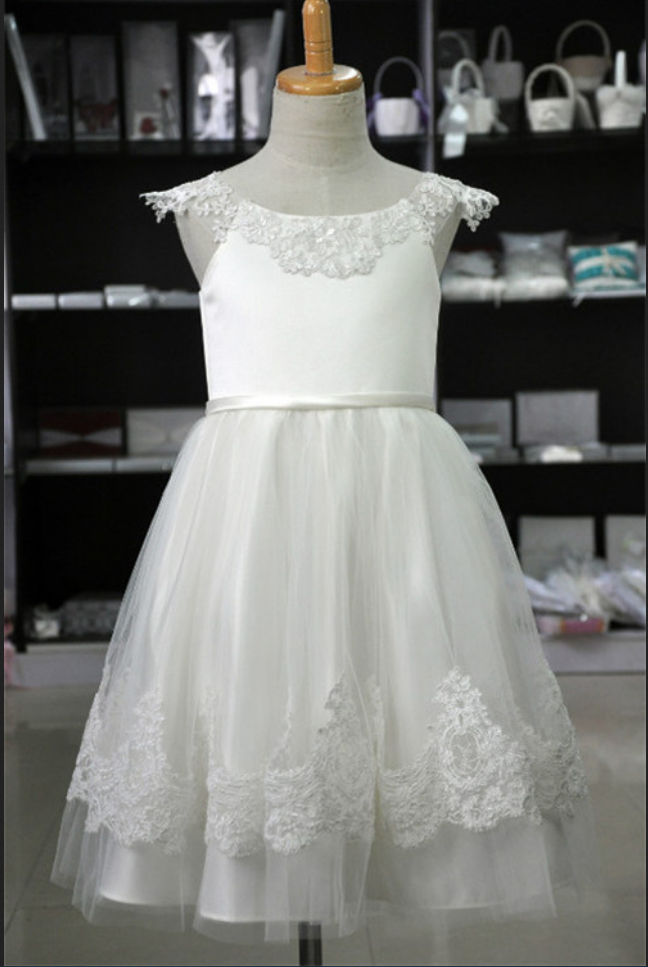 Girls A-line White Lace Cap Sleeve Ankle-length White First Communion ...