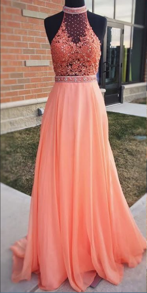Coral Prom Dresses Long,prom Dresses,high Neck Lace Applique Beads Prom ...