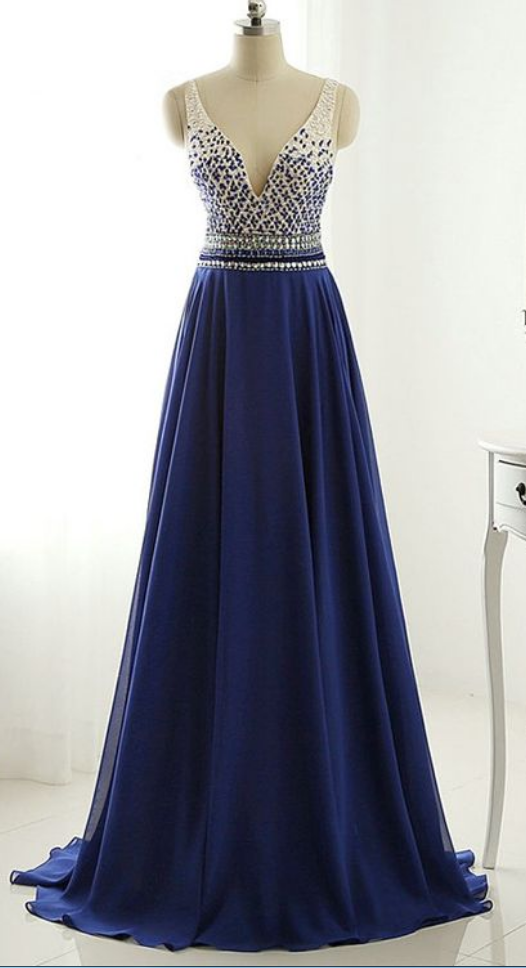 A-line V-neck Chiffon Sweep Train Beading Royal Blue Open Back Fashion ...