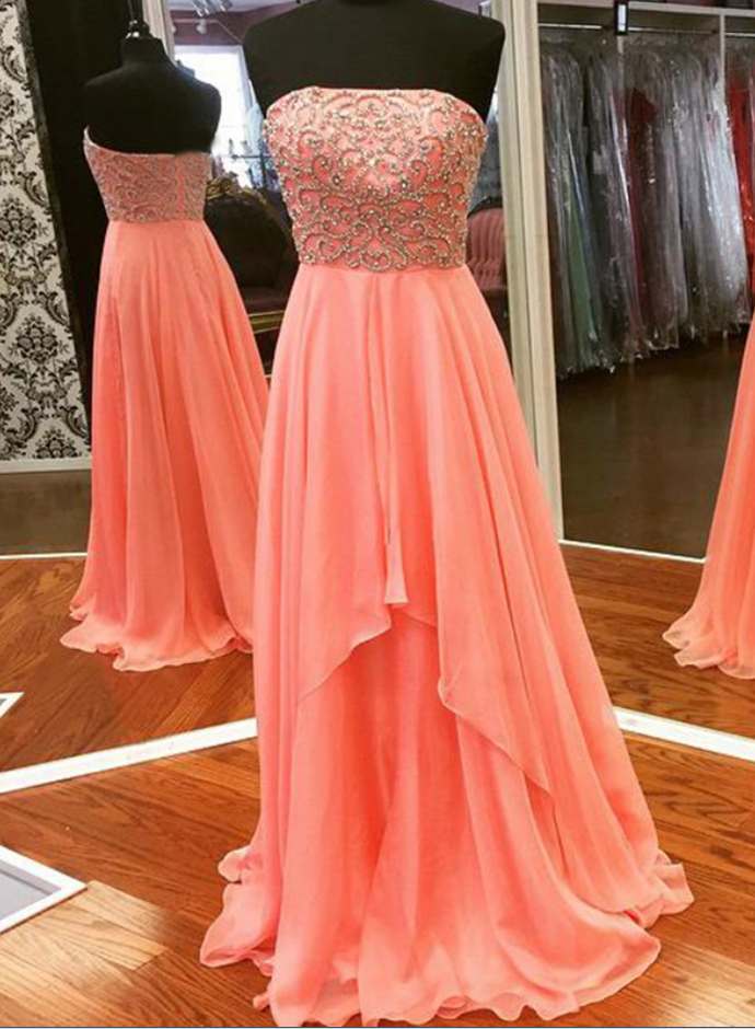Long Beaded Coral Prom Dresses Featuring Sweetheart Neckline Long ...