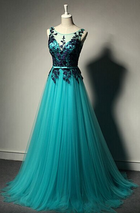 Real Custom Appliques Prom Dress 2016 Evening Gowns Tulle Floor Length ...