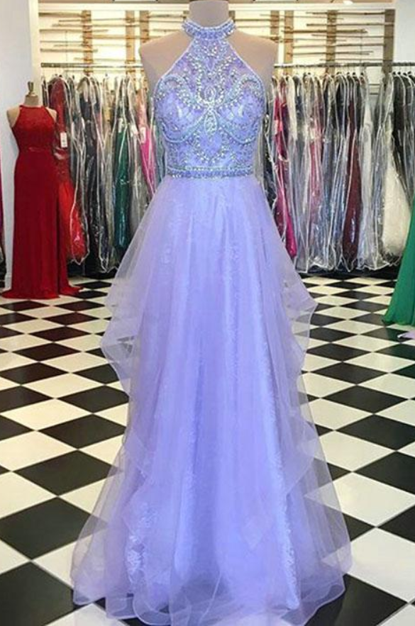 Halter Prom Dress, Sexy Sleeveless Evening Dress, A Line Tulle Prom ...