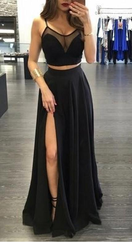 Sexy Black Two Pieces Prom Dresses High Sheer Neck A Line Side Split ...