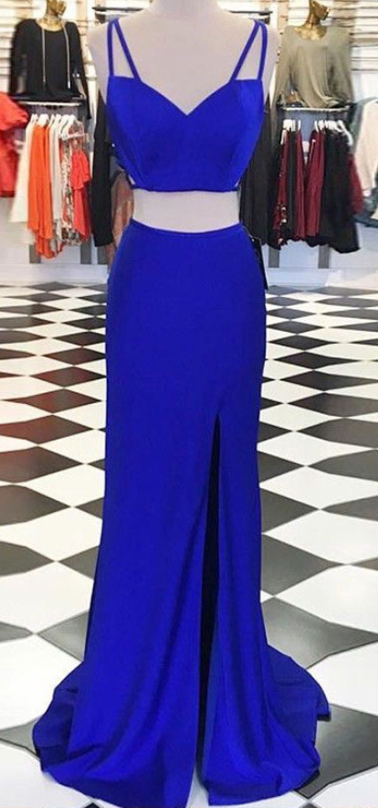 Two Pieces Royal Blue Evening Dress, Criss Cross Long Split Side Prom ...