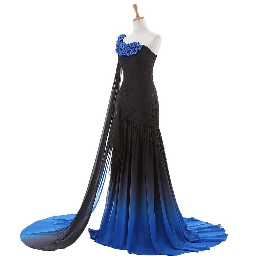Long Gradient Chiffon Prom Dresses Mermaid One Shoulder Flowers Pleat ...