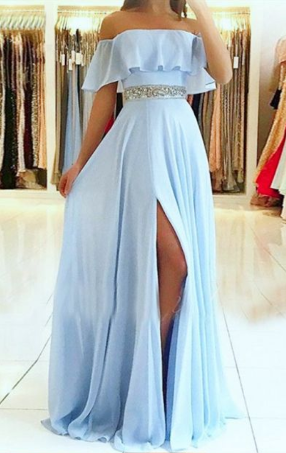 A-line Off The Shoulder Split Front Blue Chiffon Prom Dress With ...