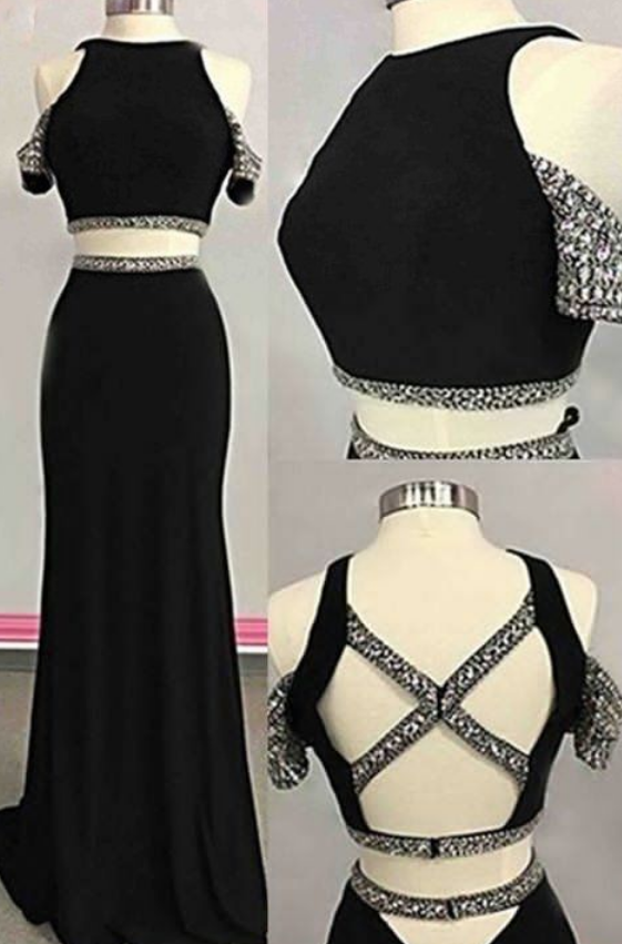 Black Chiffon Two Pieces Sequins Long Evening Dresses,unique Prom Dress ...