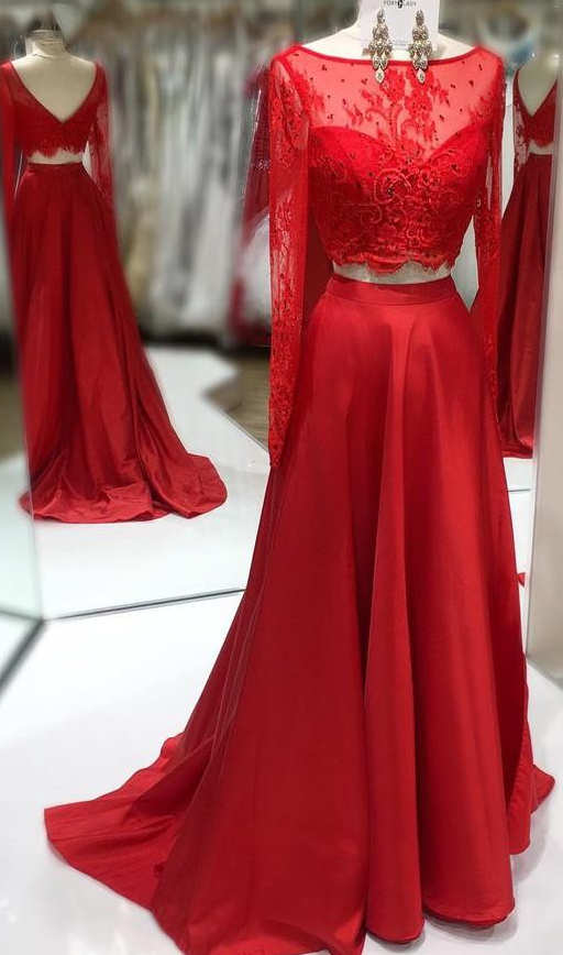 Long Sleeves 2 Piece Red Lace Back V Long Prom Dresses Party Gowns on ...