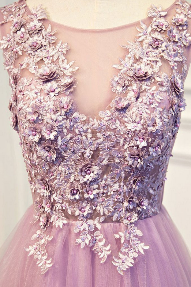 Purple A-line Round Neck Scoop Floor Length Applique Tulle Evening ...