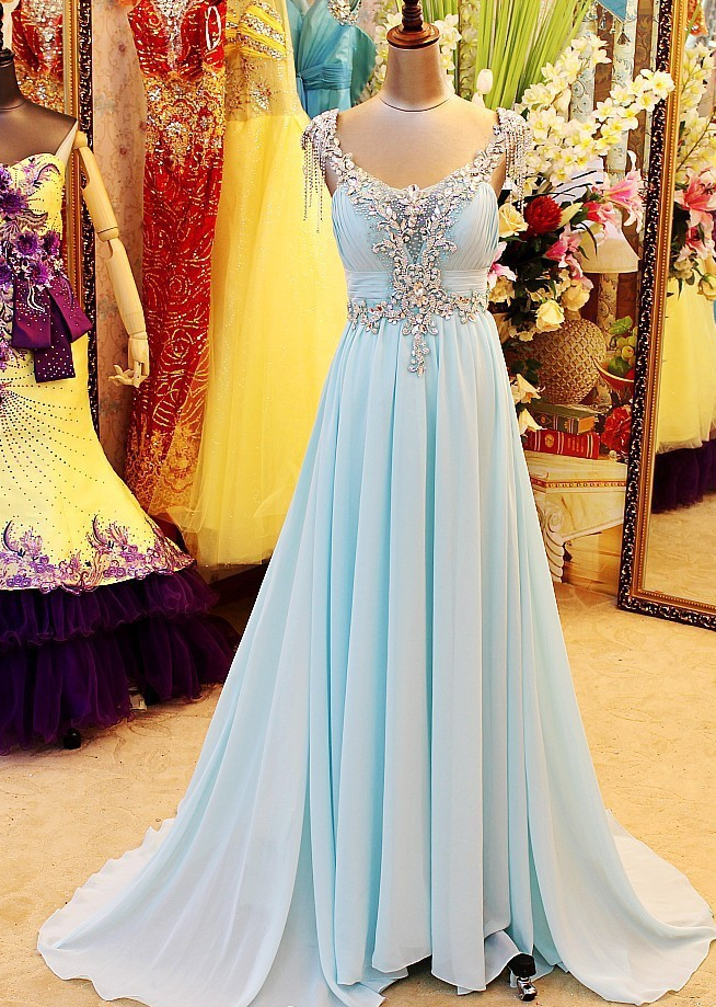 Real Image Luxurious Light Sky Blue V Neck Floor Length Open Back ...