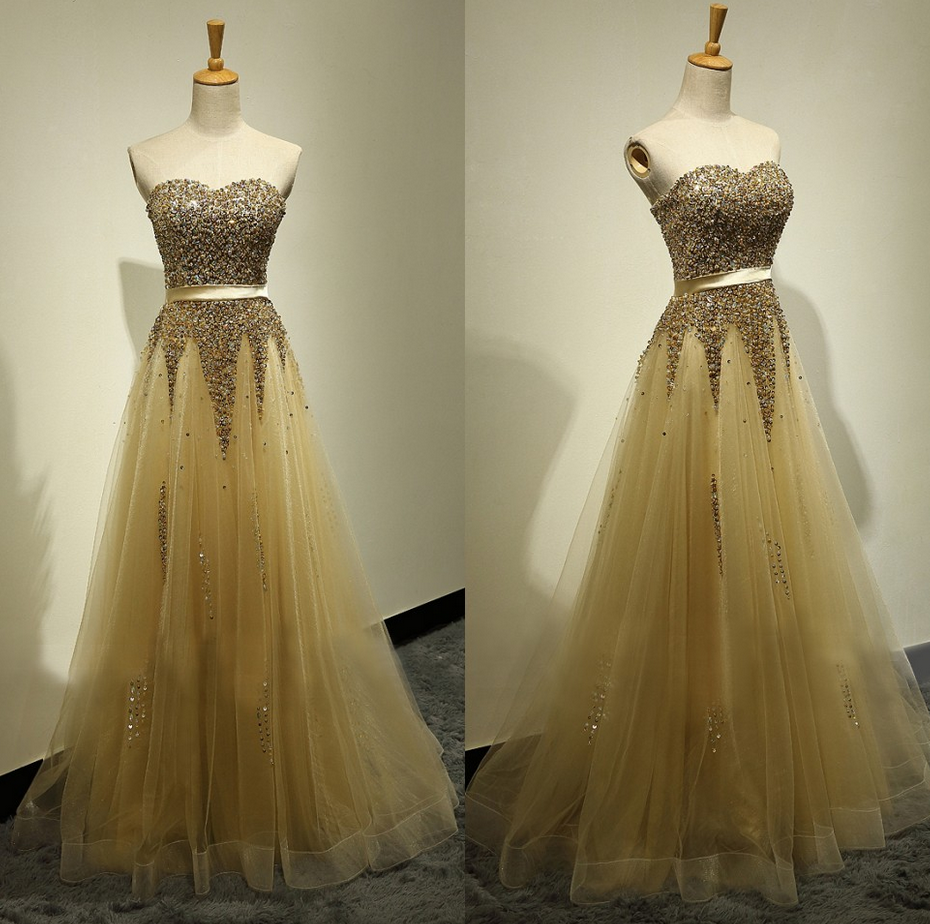 Floor Length Handmade Beaded Gold Prom Dress on Luulla