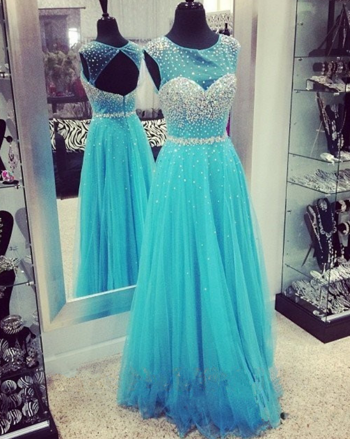 A-line Tulle Beaded Open Back Prom Dress,blue Occasion Dress,evening ...
