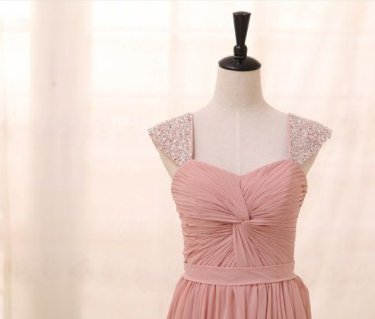 Beaded Cap Sleeves Prom Dress, Blush Pink Bridesmaid Dress,chiffon ...
