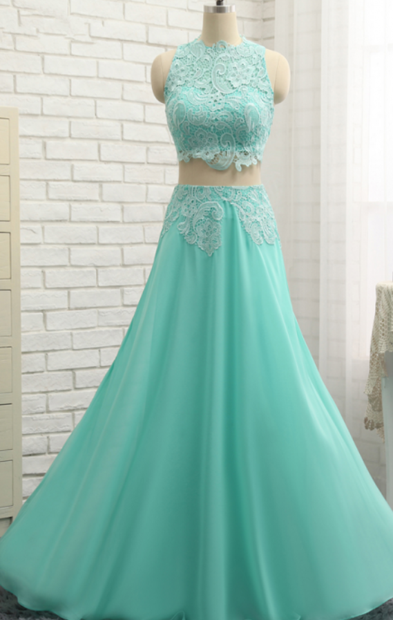 A-line High Collar Prom Dress,Chiffon Lace Prom Dresses,Two Pieces Long ...