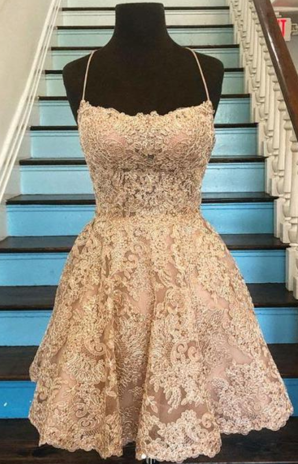 Champagne Lace Short Prom Dress, Champagne Lace Homecoming Dress on Luulla