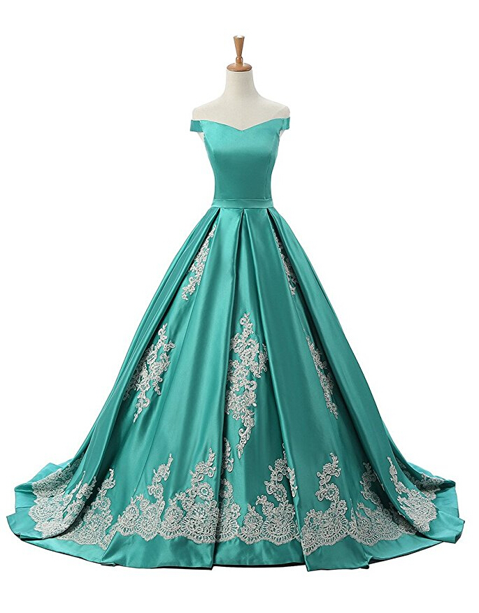 Prom Gowngreen Off The Shoulder A Line Prom Dress, Princess Prom Gown ...
