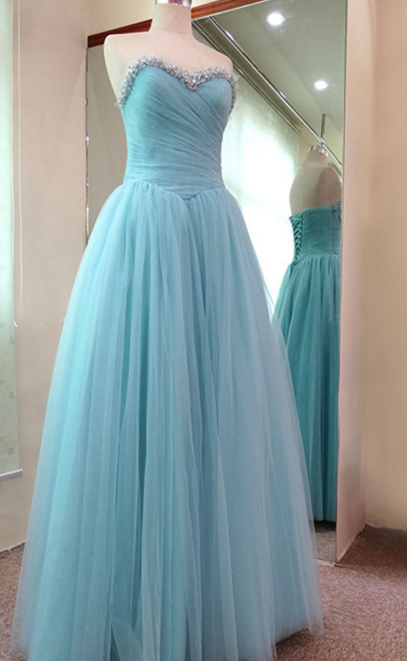 Blue Princess Prom Dresses,beaded Neckline Lace-up Back Prom Dresses on ...
