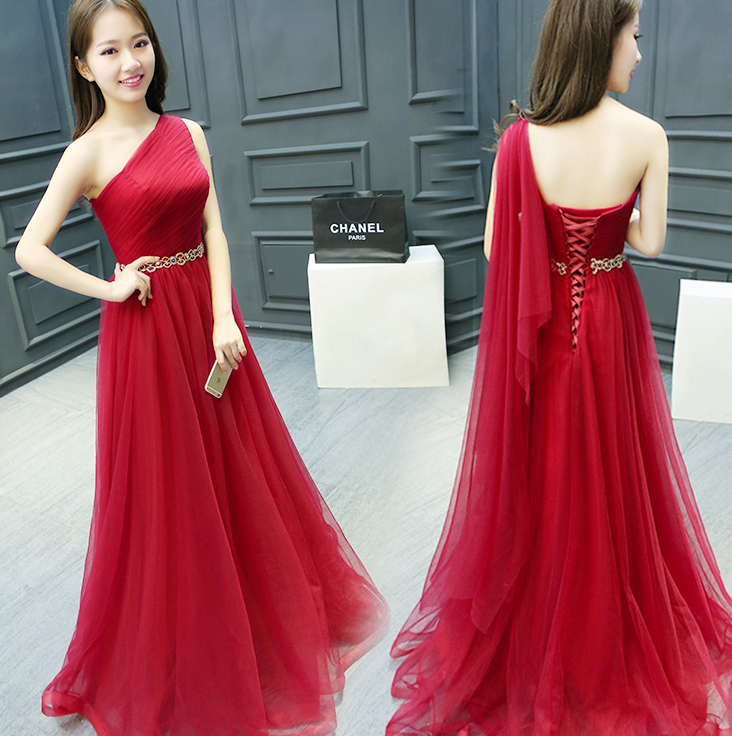 One Shoulder Red Prom Dressa Line Tulle Evening Dressone Shoulder Party Dress On Luulla
