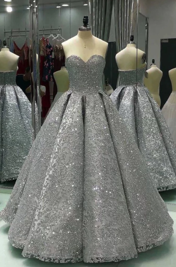 Sweetheart Gray Sleeveless Long Sequins Strapless Ball Gown Shiny ...