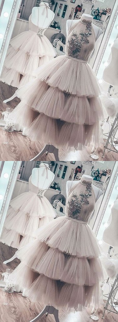 Unique Short Layered Tulle O Neck Backless Short Prom Dress, Homecoming ...