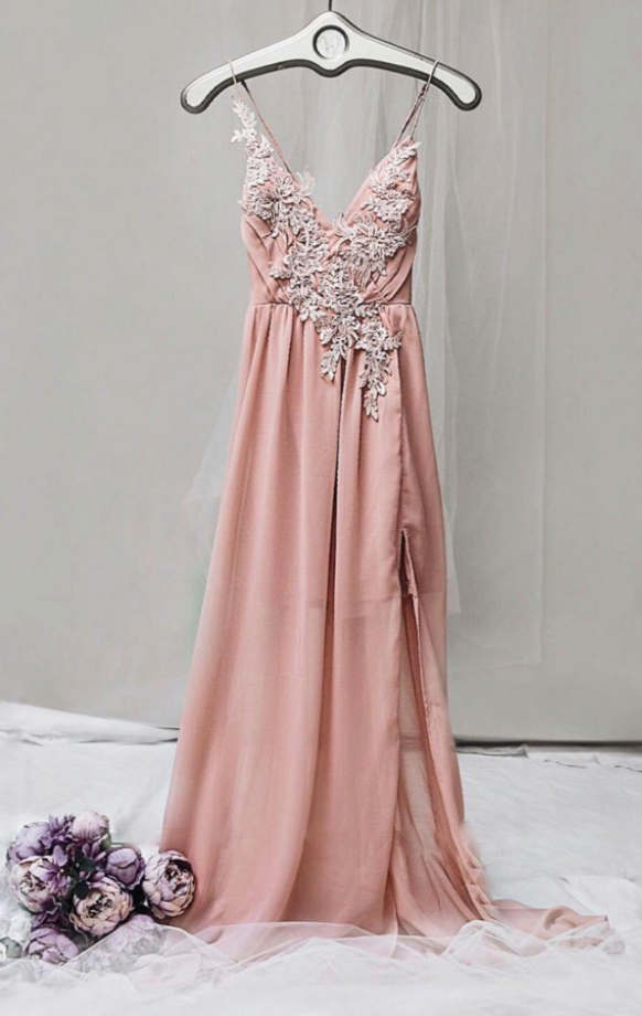 Deep Pink V Neck Chiffon Long Side Slit Prom Dress, Party Dress on Luulla