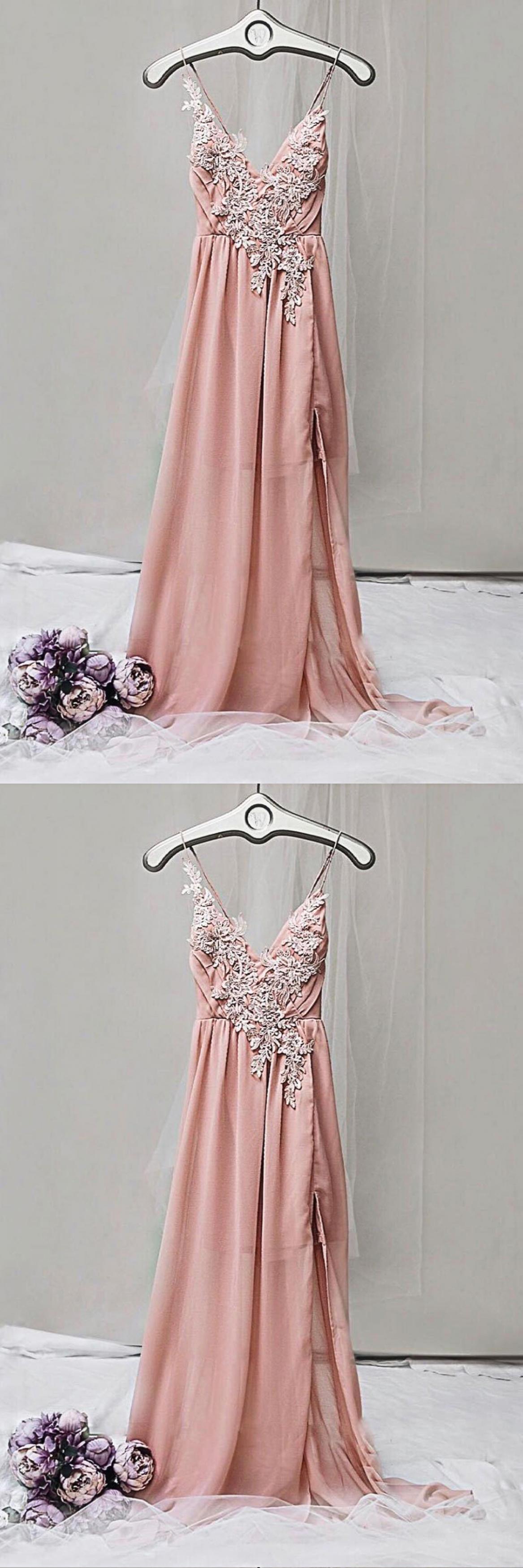 Deep Pink V Neck Chiffon Long Side Slit Prom Dress, Party Dress on Luulla