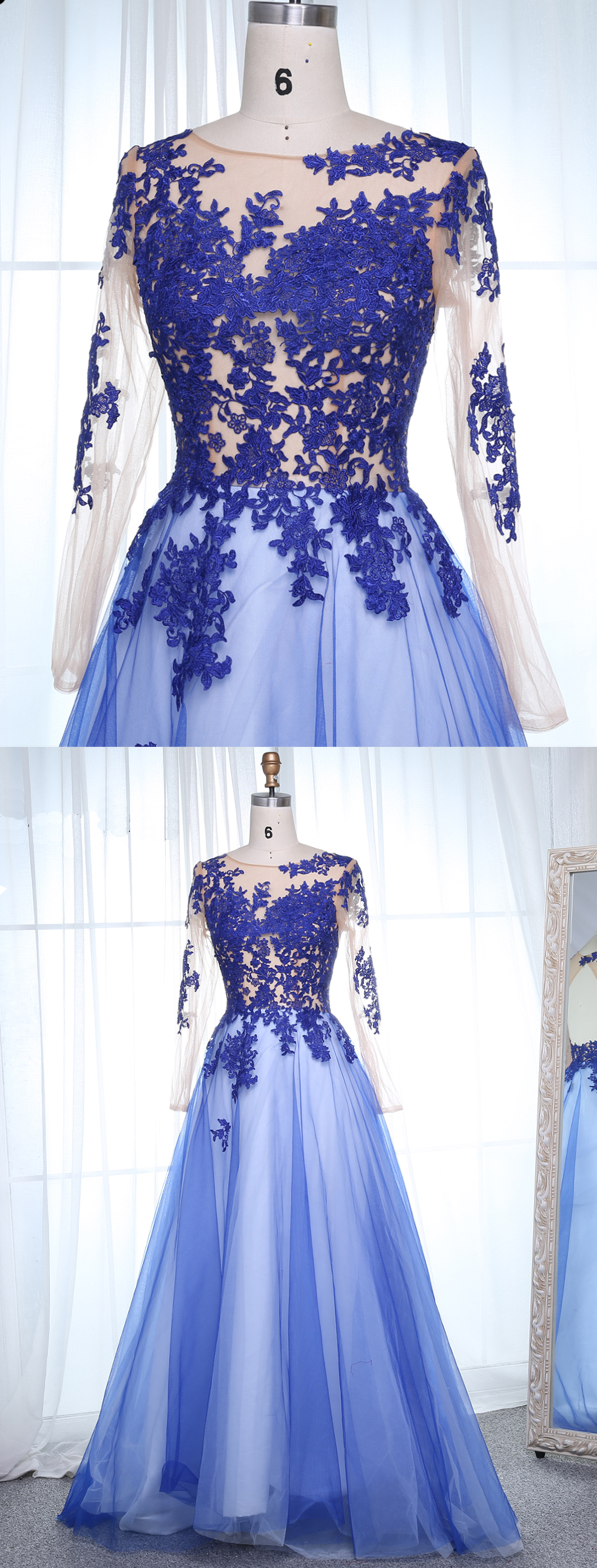 Royal Blue Lace Open Back Long Sleeve Prom Dress, Evening Dress on Luulla