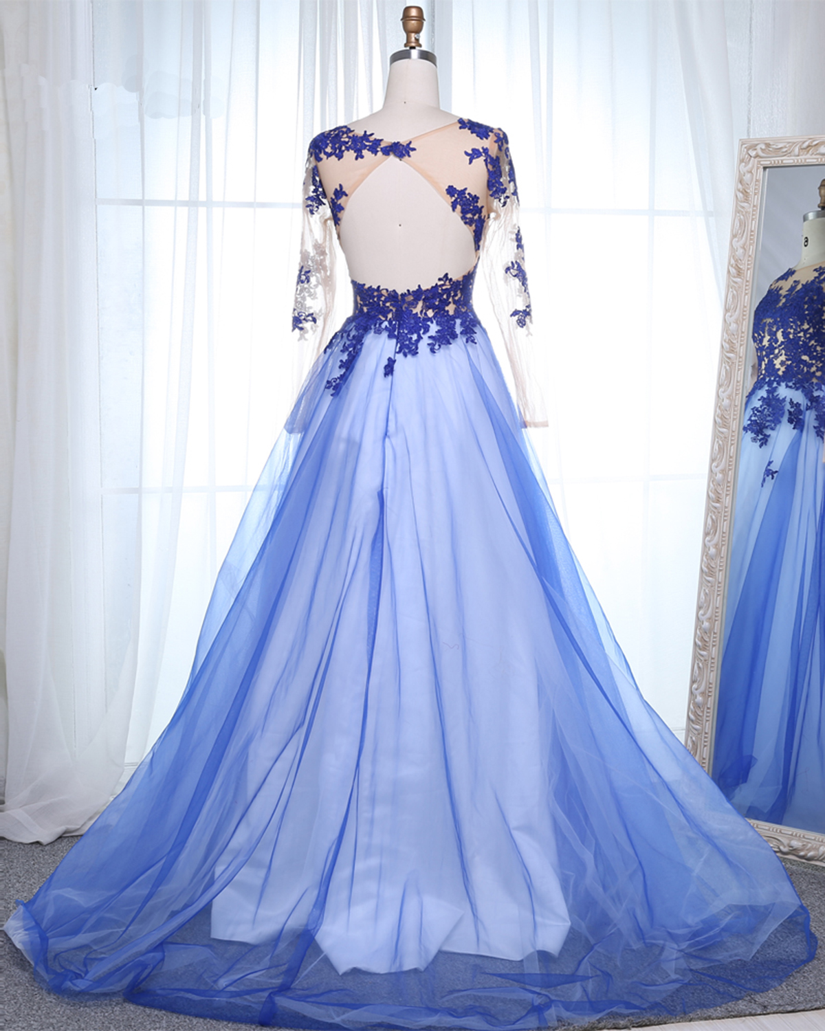 Royal Blue Lace Open Back Long Sleeve Prom Dress, Evening Dress on Luulla
