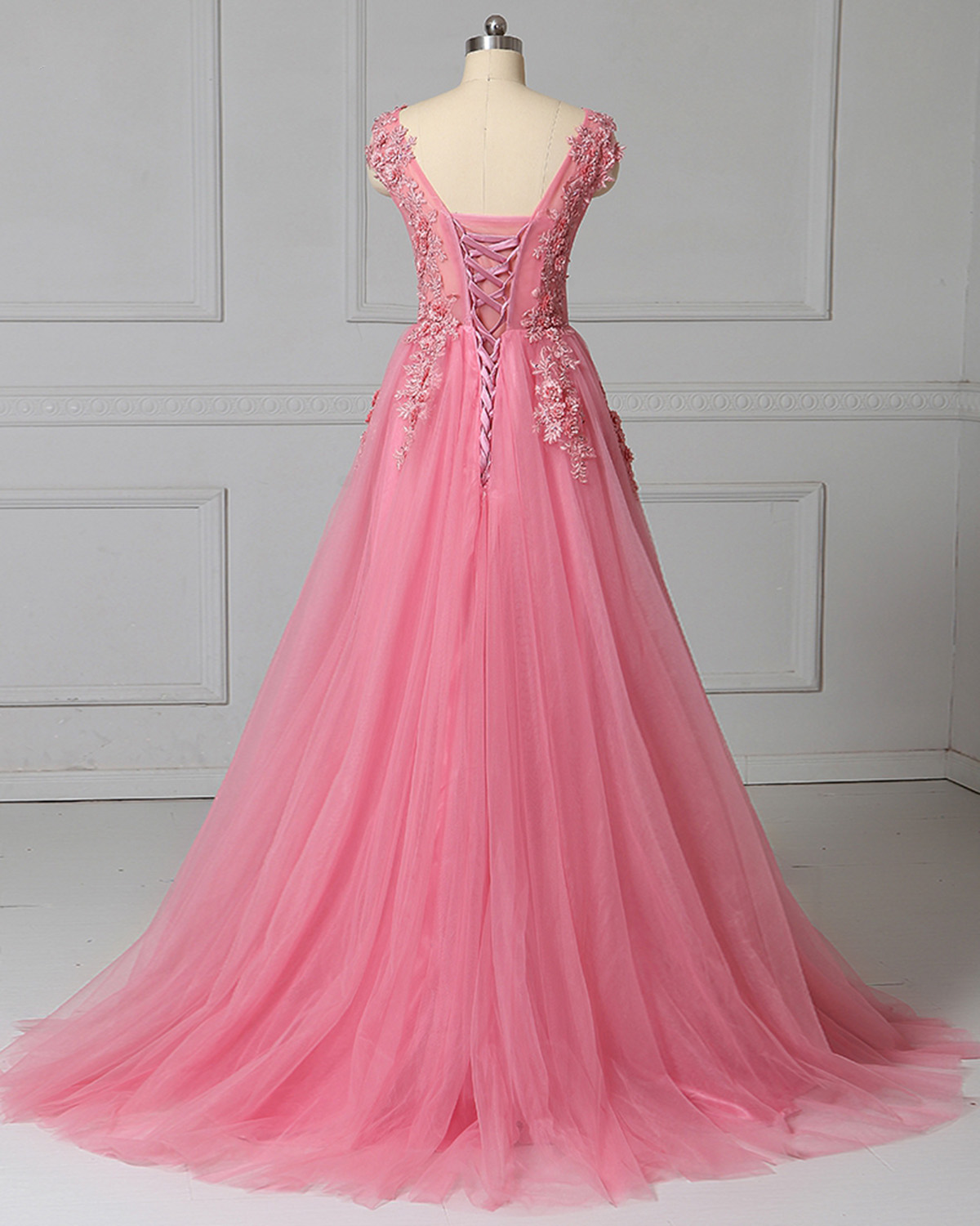 Unique Pink Tulle Scoop Neck 3d Lace Applique Evening Dress, Prom Dress ...