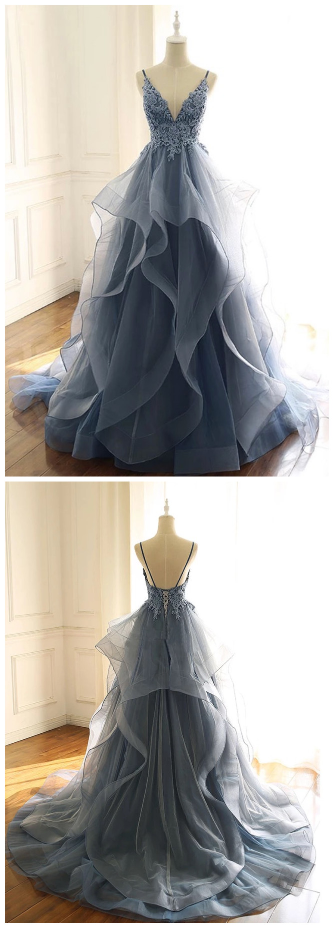Blue Gray Tulle V Neck Long Ruffles Prom Dress, Lace Evening Dress on ...