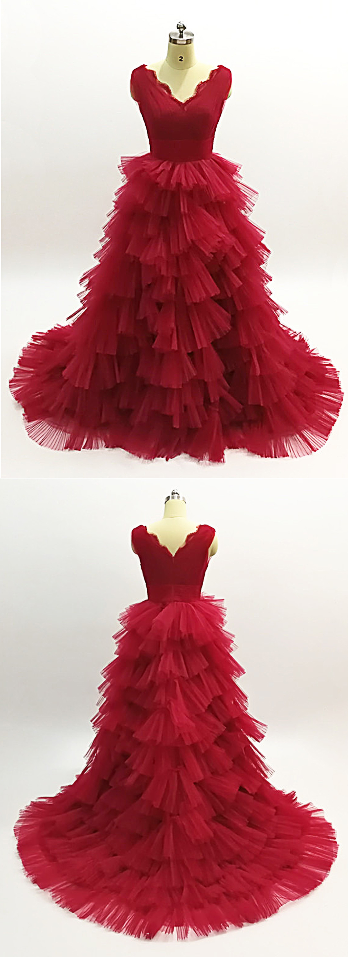 Burgundy Tulle Layered Long Open Back Evening Dress, Homecoming Dress ...