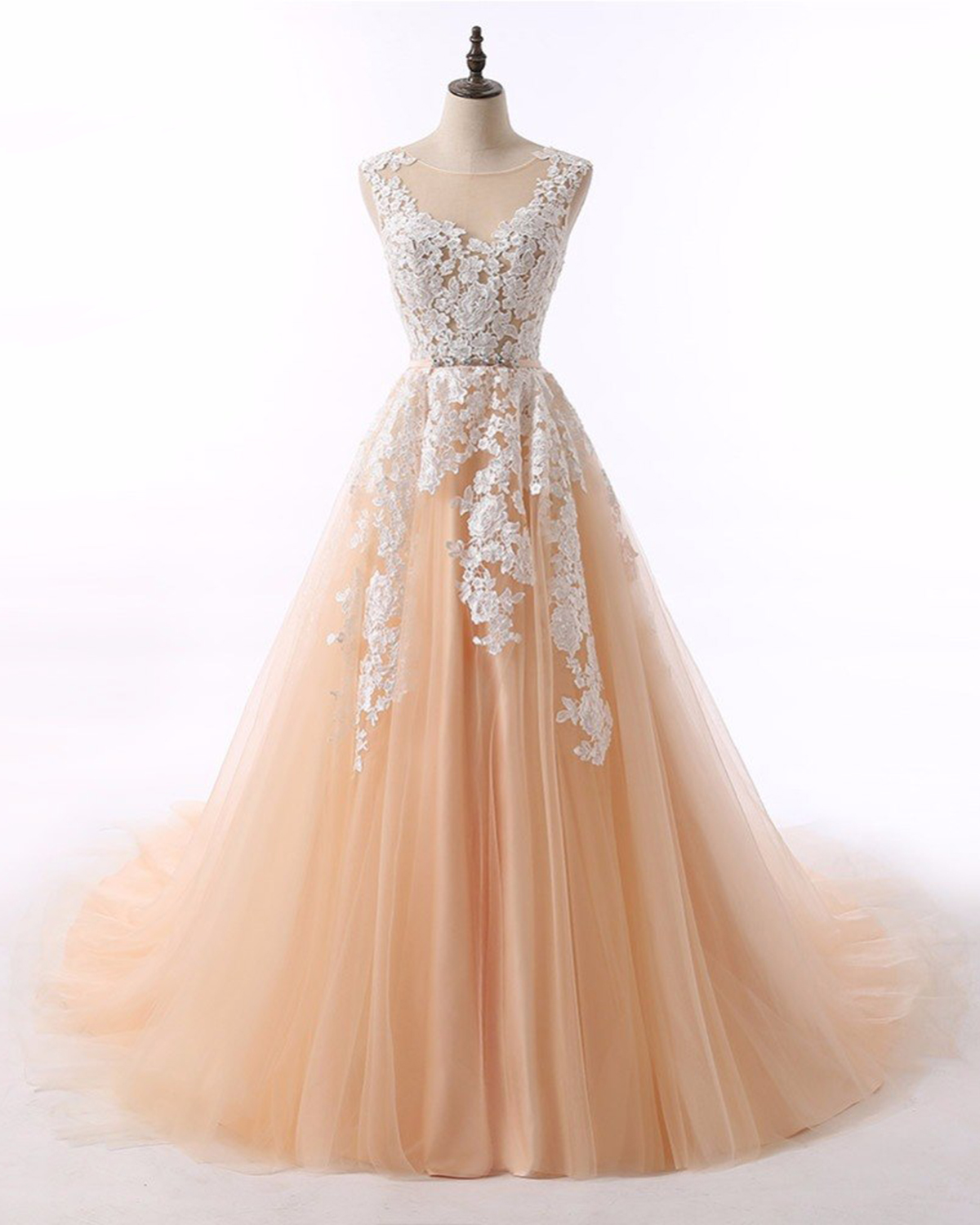 Champagne Tulle Round Neck Long Winter Formal Prom Dress With Lace ...