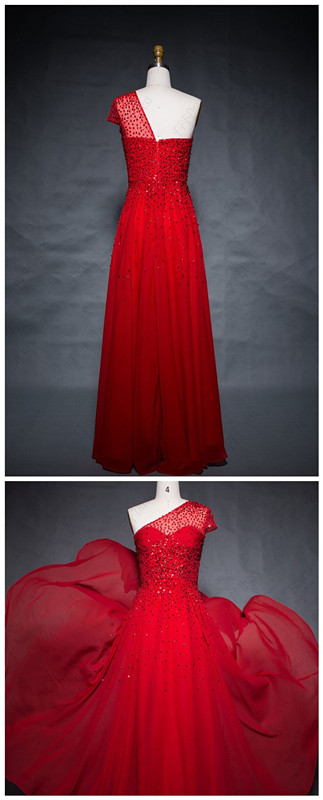 One Shoulder Red Chiffon Flowy Prom Dresses With Hand Beadings on Luulla