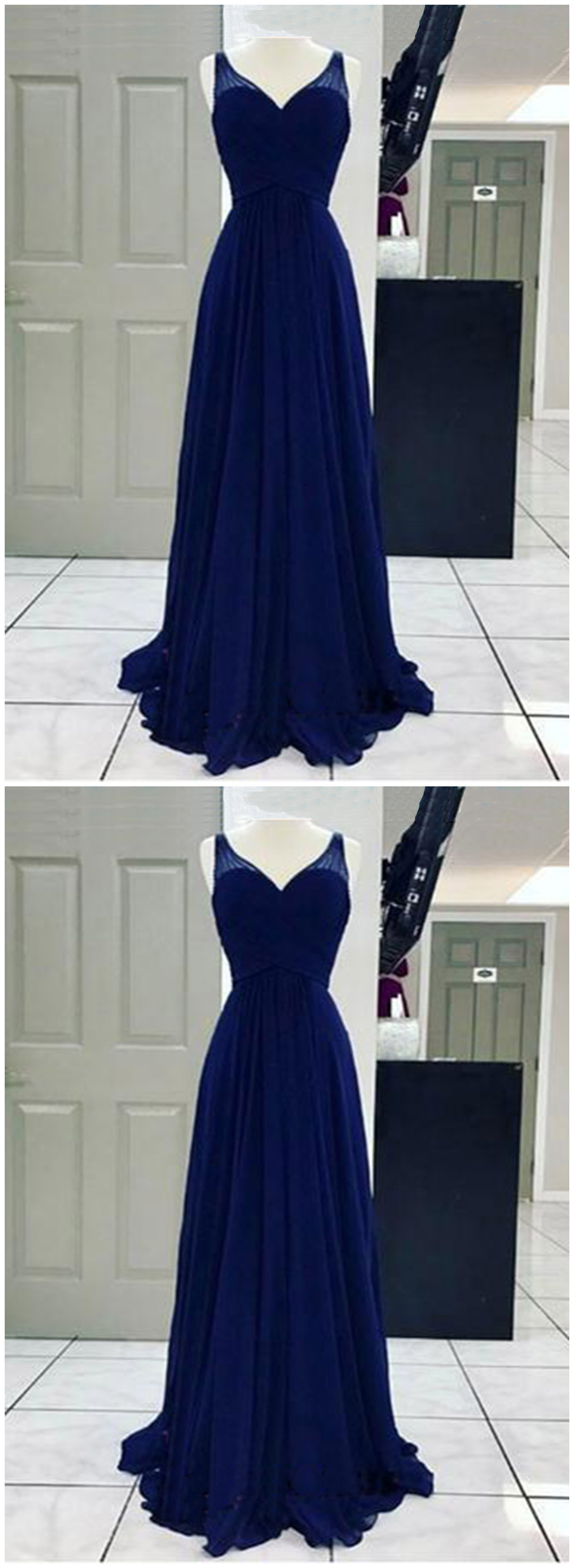 Simple Deep Blue Chiffon V Neck Long Halter Prom Dress, Evening Dress ...