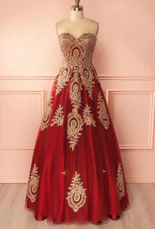 Fashion Lux Red Sweetheart Neck Lace Applique Long Prom Dress, Red ...