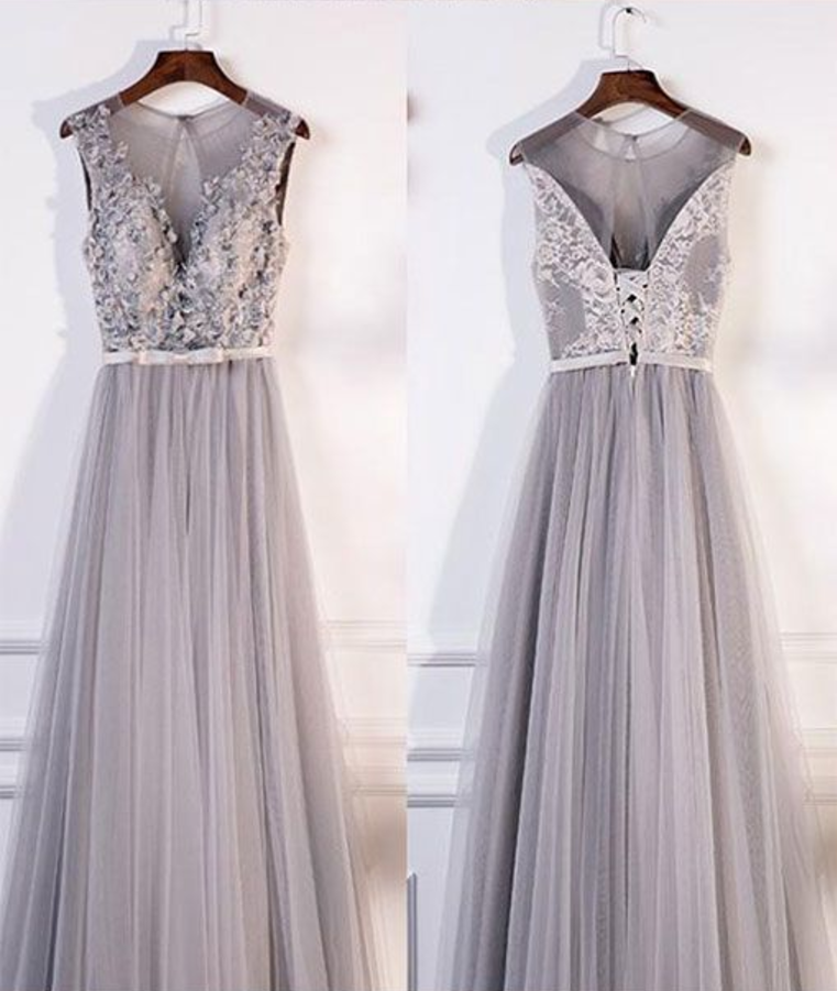 Fashion Lux Gray Round Neck Lace Tulle Long Prom Dress, Gray Evening ...